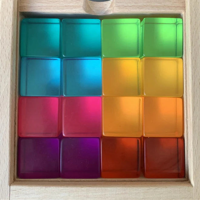 Lucite Cubes 16 Bright Blocks with Tray – Primary Toys
